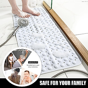 Large Non Slip Bathtub Mat, Extra Long Bath Mat for Tub, 40 x 16 Inch, Machine Washable Shower Mats with Suction Cups and Drain Holes, Bath Tub Mats for Bathroom Non Slip, White