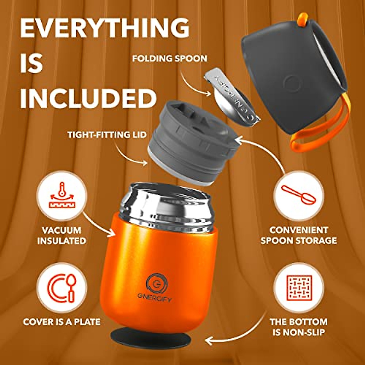 ENERGIFY Vacuum Insulated Food Jar Made of Premium BPA-Free Stainless Steel. 17oz Thermos Includes Folding Spoon and Cup. Hot & Cold Lunch, Drinks Container For Kids and Adults. Leak Proof, Orange.