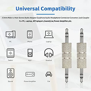 Duttek 3.5mm Male to Male Audio Adapter, Metal Silver 3 Pole 3.5mm Stereo Jack to 3.5mm Stereo Jack Adapter, 1/8 Inch Male to Male Audio Headphone Jack Coupler Connectors - 2 Pack