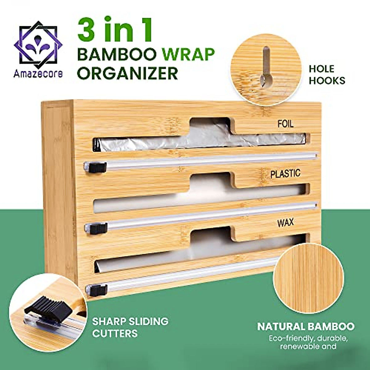 Amazecore wrap organizer with cutter 3 in 1 Plastic Wrap Dispenser for Aluminum Foil & Cling Film & Parchment Paper