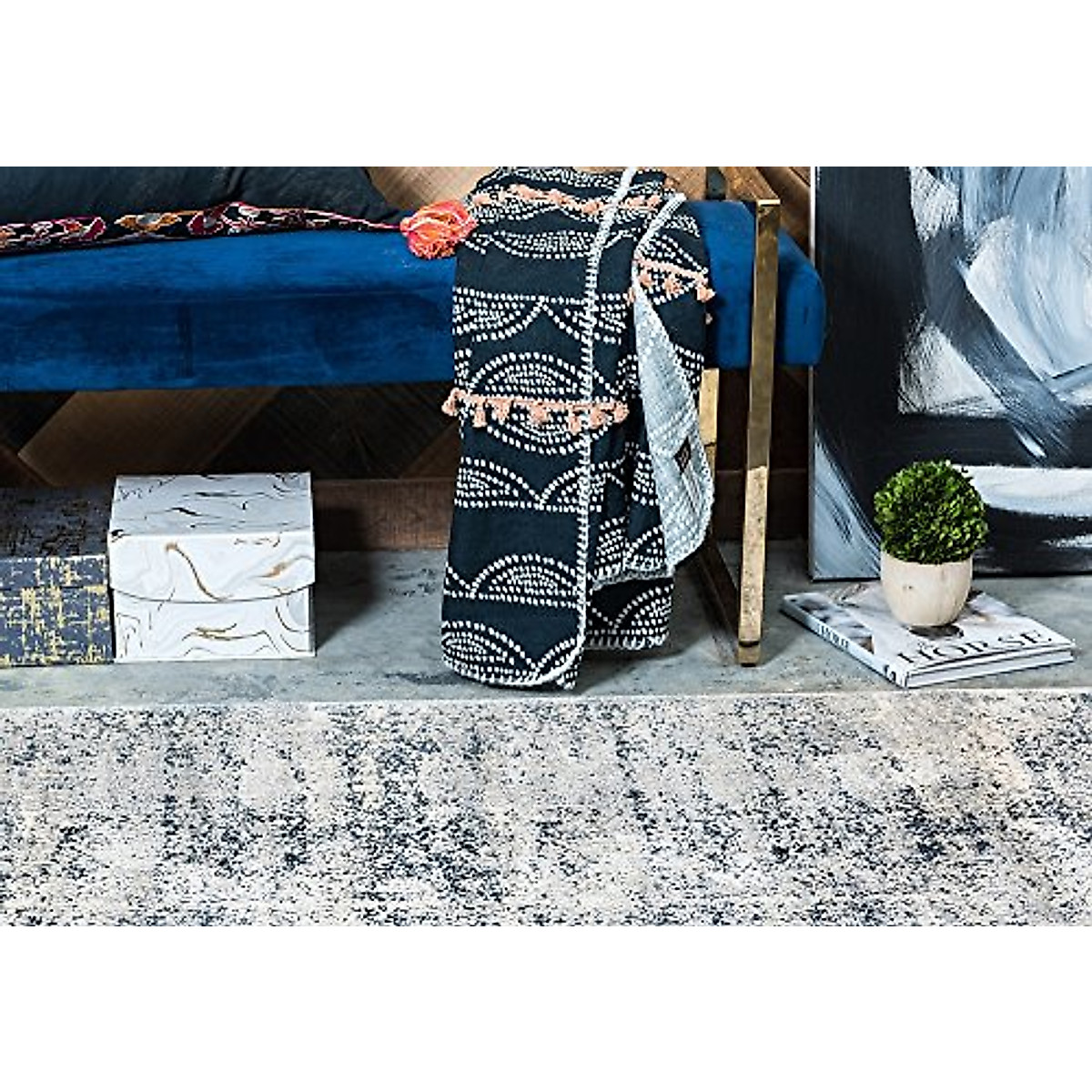 Unique Loom Chateau Collection Distressed, Textured, Vintage, Border, Rustic, Traditional Area Rug, 2 ft 2 in x 6 ft 7 in, Navy Blue/Beige