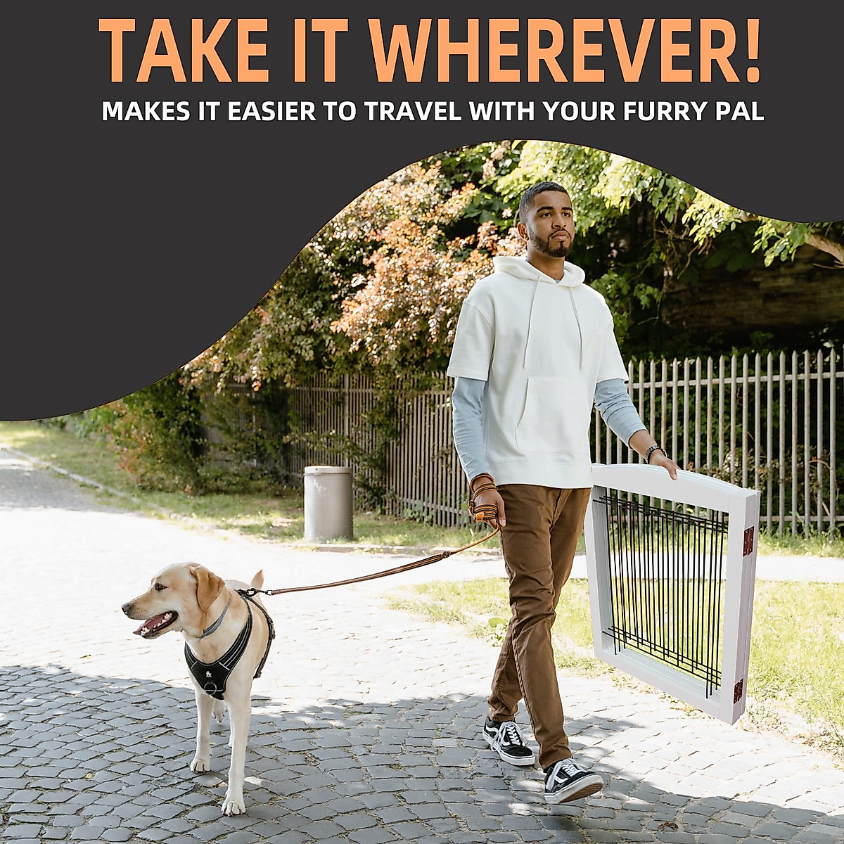 ZJSF Freestanding Foldable Dog Gate for House Extra Wide Wooden White Indoor Puppy Gate Stairs Dog Gates Doorways Tall Pet Gate 4 Panels Fence