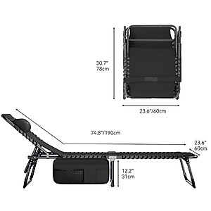YITAHOME Patio Lounge Chair, Portable Reclining Chairse Lounge Folding Camping Cot 5 Posistion Adjustable w/Head Pillow & Portable Handbag for Camping, Pool, Beach and Patio, Black