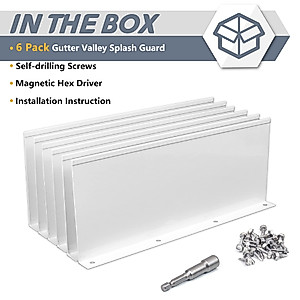 Flamorrow 6 Pack Aluminum Gutter Valley Splash Guards, Rainwater Roofing Gutter Guard, Straight Gutter Splash Guard for Flat Shingle Roofs, Valley, Corner, White
