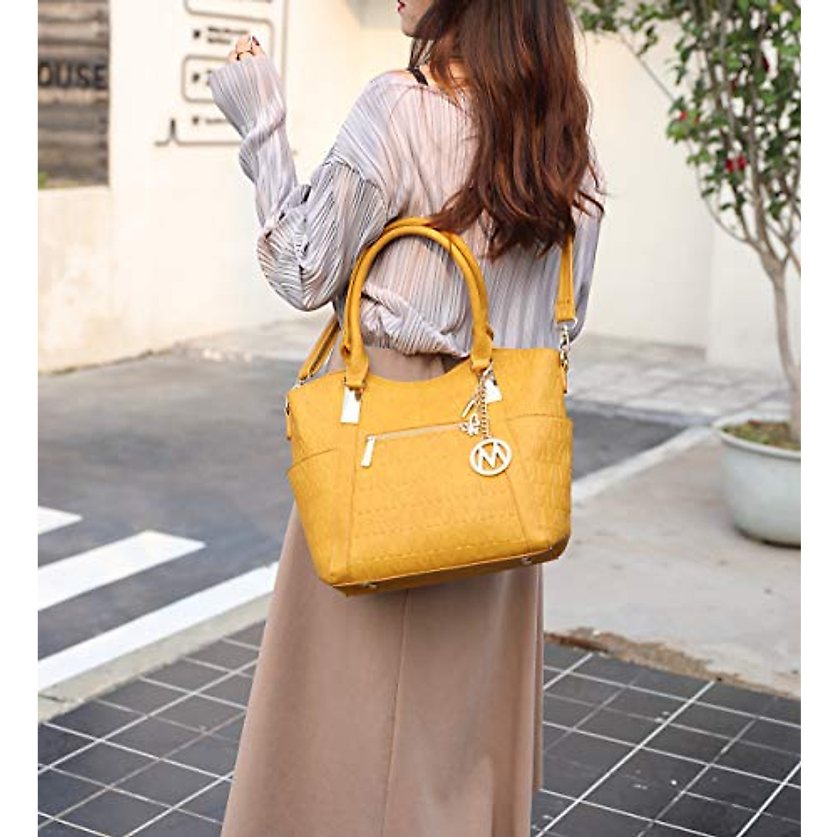 MKF Shoulder Bag for Women: PU Leather Tote Satchel Handbag – Crossbody Top-Handle Purse, Ladies Fashion Pocketbook Mustard