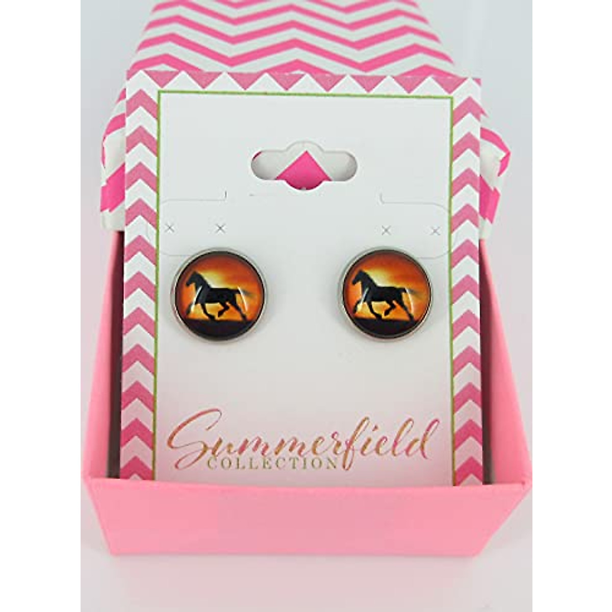 Stainless Steel Sunset Horse Print Glass Stud Earrings 12mm