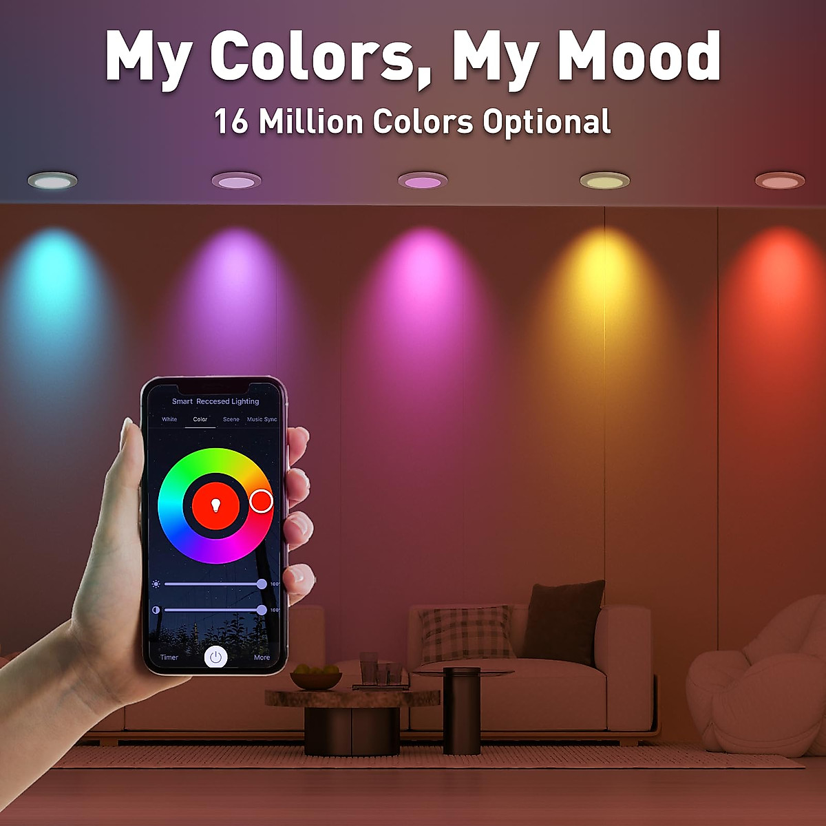 Rollin Light Smart Recessed Lighting 6 Inch - 6 Pack Wi-Fi Bluetooth Ultra-Thin Canless LED Recessed RGBCW Light with Junction Box 13W, 1100LM, 2700K-6500K, CRI80+ Work with Alexa/Google/Siri