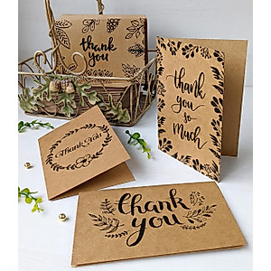 150 Thank You Cards with Matching Brown Kraft Envelopes and Stickers - Elegant 10 Designs Kraft Paper Bulk Blank Notes, Prefolded 4x6 Inch Blank