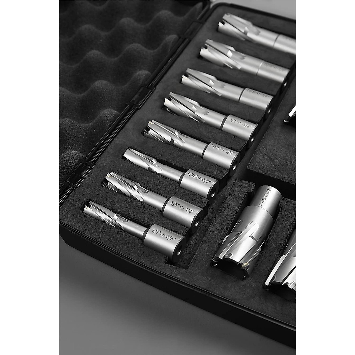 Annular Cutter Set Carbide TCT 13 pcs JESTUOUS 3/4 Inch Weldon Shank 1-3/8 Cutting Depth and Cutting Diameter from 1/2 to 1-1/8 Two Flat Bit for Drill Press with 2 Pilot Pins
