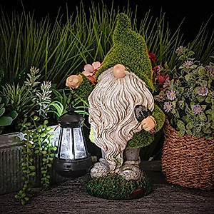 LNPNRENG Solar Garden Statue of Gnome Figurine with Lantern - Outdoor Lawn Decor Flocked for Patio, Balcony, Yard, Ornament Unique Housewarming Gift Lovers(11.8 Inch)
