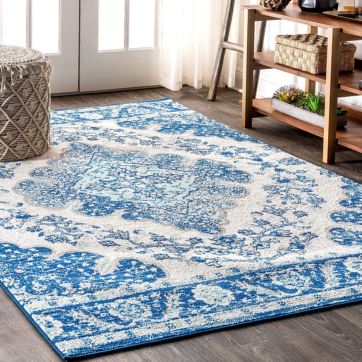 JONATHAN Y BMF106B-5 Bohemian Flair Boho Vintage Medallion Indoor Area-Rug Floral Easy-Cleaning High Traffic Bedroom Kitchen Living Room Non Shedding, 5 X 8, Cream/Blue