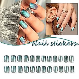 Cat Eyes Press on Nails Short Aurora Green Gradient Fake Nails Square Glitter Bling Acrylic False Nails with Nail Glues Coffin Full Cover Stick on Nails Glossy Glue on Nails for Women