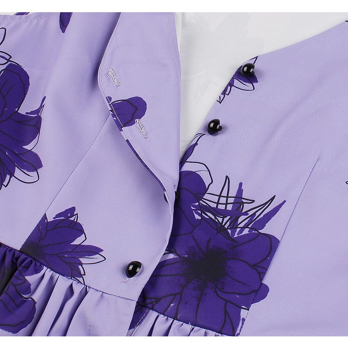 Wellwits Women's Big Floral Print V Neck Sleeveless Button Down Shirt Modest Tea Party Cocktail Formal Special Occasion 1950s Vintage Dress Purple M