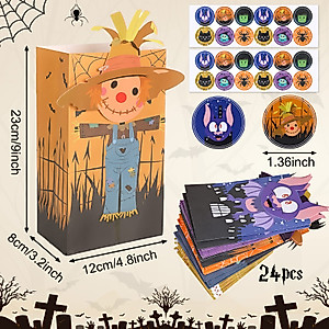 FEBSNOW 24 Pieces Halloween Bags with 24 Pieces Stickers,Trick or Treat Candy Bags,Halloween Cookies Goody Wrapping Bags,Craft Paper Bags for Holiday Partty Favors