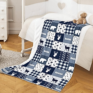 Woodland Deer Personalized Minky Fleece Baby Blanket with Name, Custom Deer Bear Baby Blankets for Boys Kids, Birthday Gifts, Deer Blankets for Infant Newborn, Soft and Warm Navy Blue Blanket