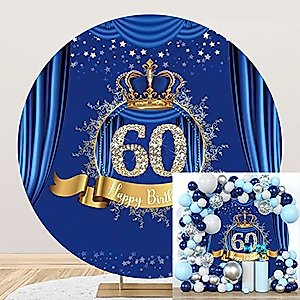 OERJU 6x6ft 60th Birthday Round Backdrop Cover for Men Royal Blue Curtain Gold King Crown Circle Photography Background Sixty Years Old Age Birthday Party Decorations Banner Photo Booth Props