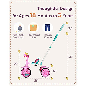 KRIDDO 2 in 1 Kids Tricycles Age 18 Month to 3 Years, EVA Wheels Upgraded, Gift, Trikes for Toddlers 2 to 3 Year Old with Push Handle and Duck Bell, Pink