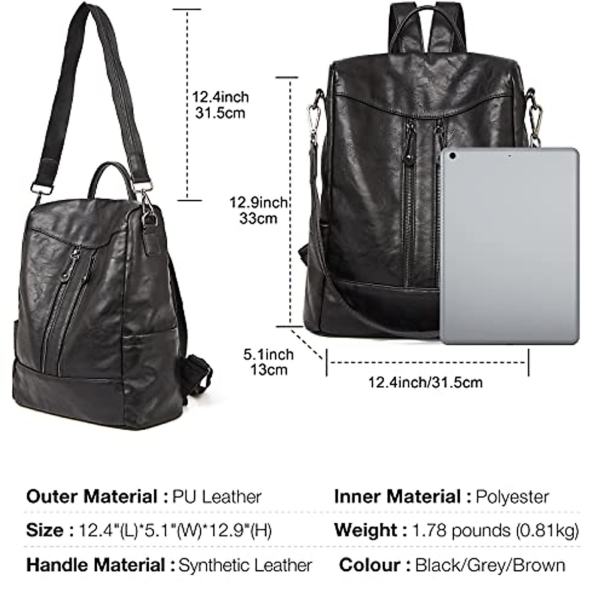 FOXLOVER Anti Theft Backpack Purse for Women Convertible Ladies Travel College Fashion Casual Shoulder Bag (Black)