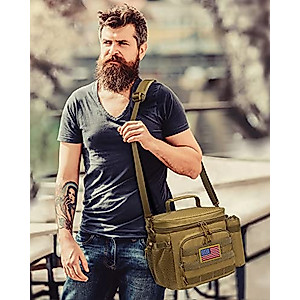 TACTICISM Tactical Lunch Box for Men 12L MOLLE Lunch Bag Adult, Up to 8 Hours Insulated lunchbox, Large Durable Leakproof Cooler with Detachable Water Bottle Pouch, for Work Camping Fishing, Brown