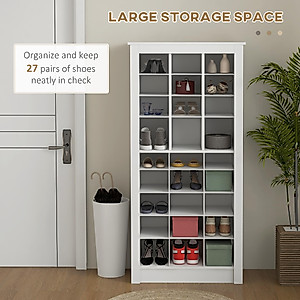 HOMCOM 58" Tall Shoe Rack Storage Organizer, Narrow Shoe Cabinet for Entryway with Open Cubes for 27 Pairs, White