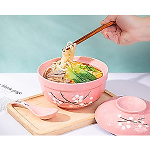 LLDAYU Japanese Creative Hand-Painted Ceramic Bowls with Soup Spoon, Large 27.5 OZ ramen bowls/Soup bowls,with Heat Preservation Function, and Suitable for Microwave Oven, and Dishwasher- pink