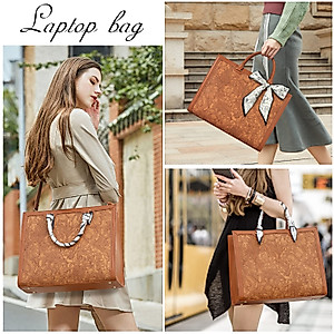 Laptop Bag for Women 15.6 Inch Laptop Tote Bag Waterproof Leather Computer Tote Bag Business Lightweight Office Briefcase Large Capacity Handbag Shoulder Bag Suntan