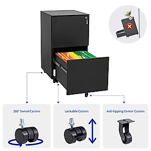 LVSTEEL Modern Black Rolling File Cabinet, Fully Assembled, 27.2"H x 15.3"W x 17.72"D, 2 Drawers, Lockable, Wheeled, Rust Resistant, Home Office