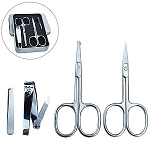 5Pcs Beauty Grooming Eyebrow Scissor Men Women Facial Nose Hair Scissor Curved Round Blunt Mustache Beard Manicure Pedicure Trimmer Set Stainless Steel Slant Tweezers Nail Clipper Pet Dog Scissor Kit