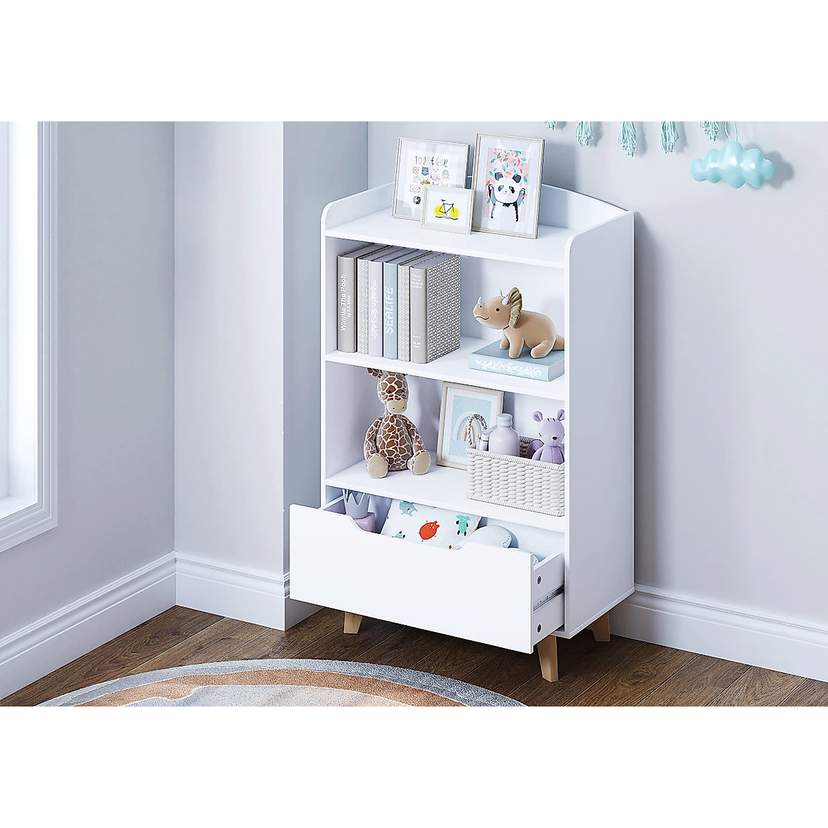 UTEX Kids Bookshelf, Children Bookcases with Storage and Drawer, Wood Kids Toy Storage Organizer for Playroom,Bedroom, Nursery School, White