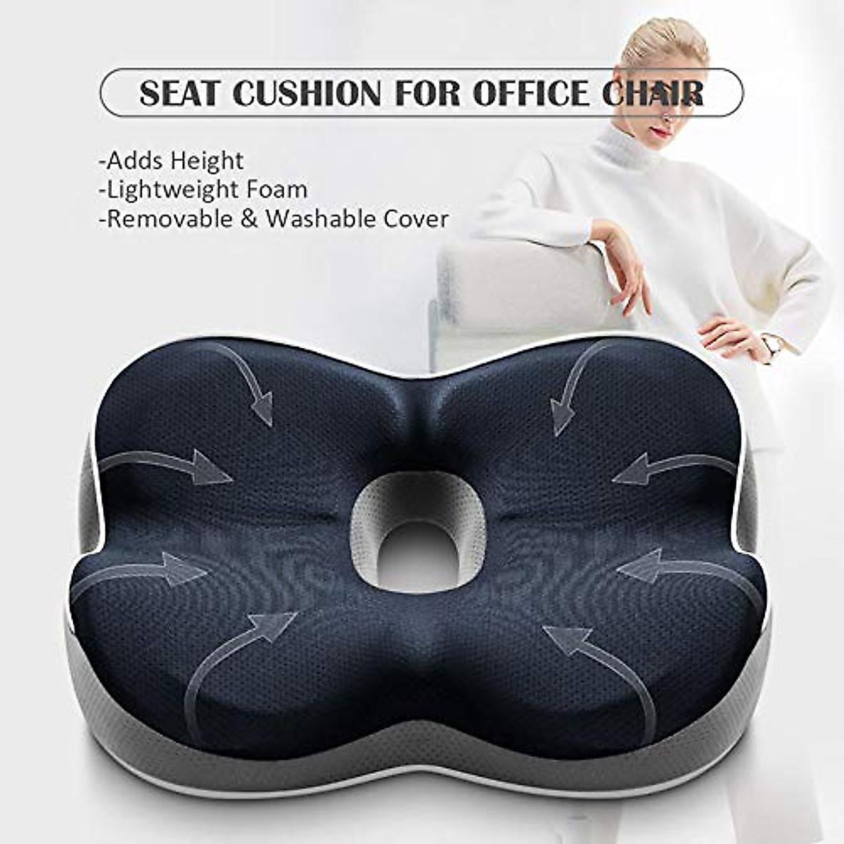 Seat Cushion for Office Chair-Ergonomic Tailbone Cushion-Desk Chair Cushion Pillows for Pain Relief-Comfort Memory Foam Chair Pad for Sitting-Washable Cover-Black & Grey-A