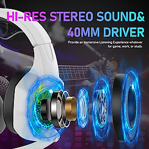 Wired Gaming Headset with Rainbow RGB Backlight Retractable Noise Isolating Microphone Stereo Sound Deep Bass Memory Foam Earmuff Over Ear Headphone for PS4 Xbox One Switch PC Mac Gamer Music (White)