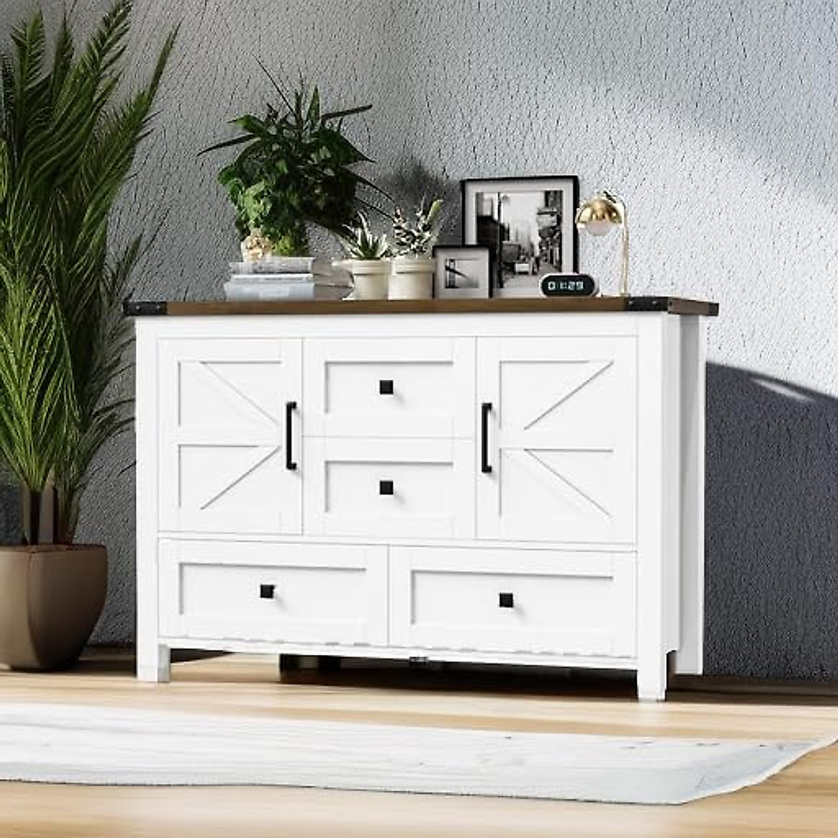 VVFLU Farmhouse White Dresser for Bedroom with 4 Drawers and 2 Barn Doors, White Wood Chest of Drawers 47 Inch Wide, Large, Long, Adjustable Shelves, 5 Legs, Living Dining Room, Entryway, Hallway