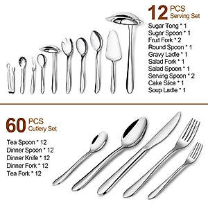 Elegant 72-Piece Silverware Set, Stainless Steel Flatware Set for 12 Guests - Comprehensive Cutlery and Serving Utensils Set, Dishwasher Safe