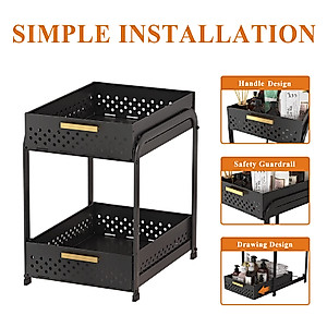 GILLAS 2 Pack 2 Tier Under Sink Organizer and Storage, Farmhouse Under Counter Storage for Kitchen, Under Cabinet Organizer for Bathroom, Sliding Basket Organizer, Black