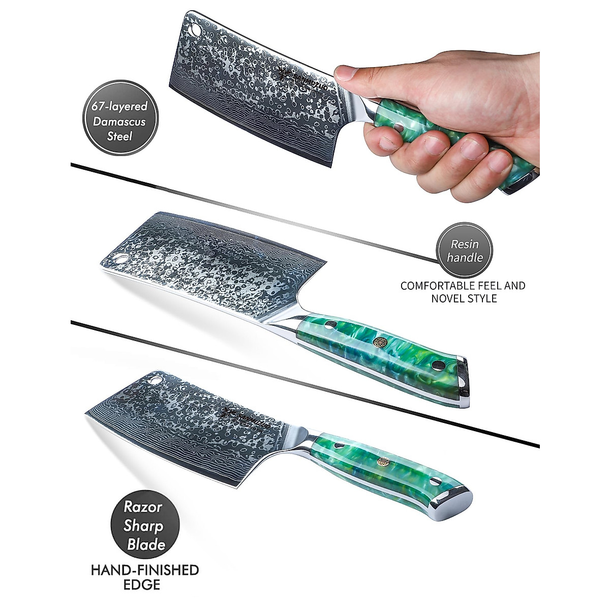 SANMUZUO Chopping Knife - 7 inch Cleaver Knife- Xuan Series - VG10 Damascus Steel Kitchen Knife - Resin Handle (Jade Green)