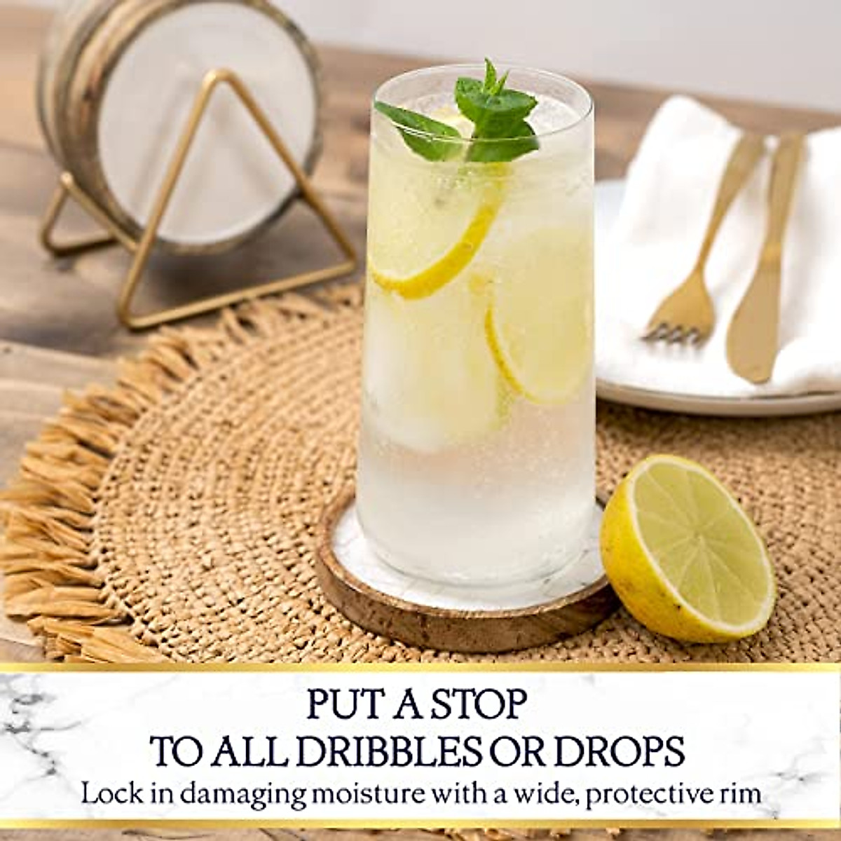 Wooden-Coasters-for-Drinks. Absorbent Wood Coaster Set of 6 with Holder. 4" Wide & 0.5" deep, Mango Wood - Coasters for Coffee Table Decor in White & Gold. Great as a Trinket Tray by Willow and Moore