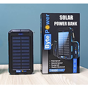 Solar Charger Power Bank 20000mAh, Portable Solar Pone Charger with Compass,Carabiner, Whistle,Flashlights,Solar Panel Charger,Camping Gear Accessory (Blue)