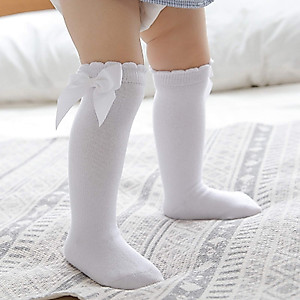Yeshore Baby Girls Knee High Socks Bow Tube Ruffled Knit Cotton Long Stockings for Infants and Toddlers 5 Pairs (as1, age, 0_month, 12_months, White,Black,Grey,Wine Red,Pink)