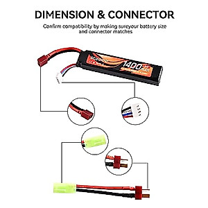 11.1V LiPo Battery Airsoft Deans Connector Rechargeable 1400mAh 30C Stick Battery with T Plug to Mini Tamiya Cable for Airsoft Guns Airsoft Rifle