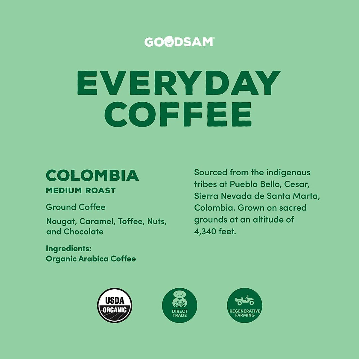 GoodSAM Organic Ground Coffee, Medium Roast 2 lb, Colombian Single Origin, Non GMO Arabica Beans, Vegan, Keto, Regenerative Farming, Direct Trade