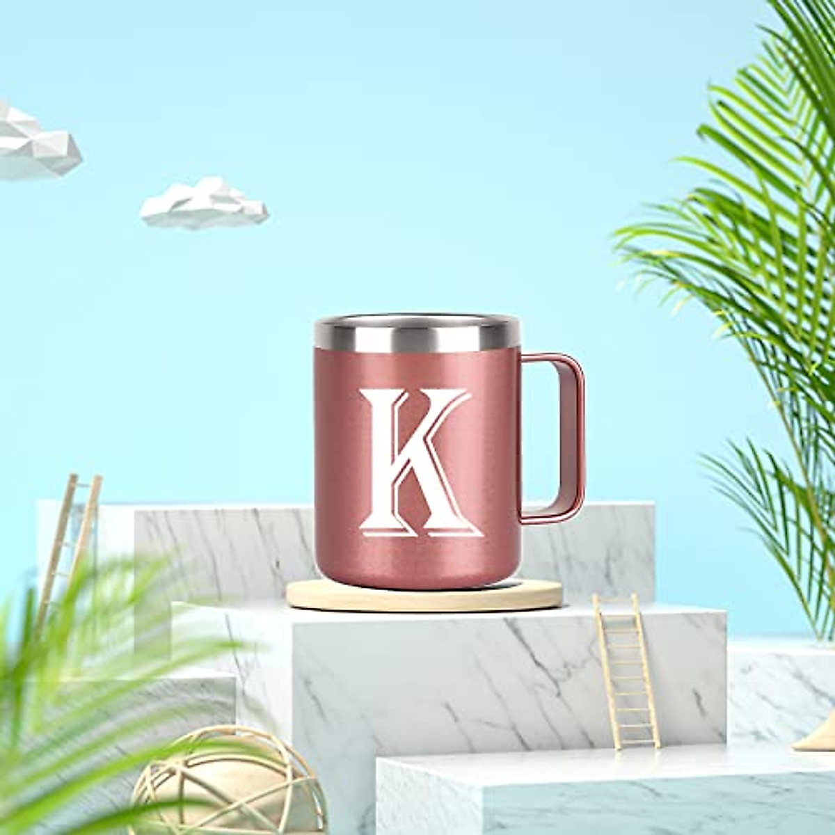 Aletege Letter K Stainless Steel Insulated Mug with Handle, Personalized Initial Mug, Gifts for Women Men Wedding Birthday Graduation Party Letter K 12OZ Rose Gold