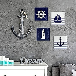4 Pieces Nautical Wall Decor Anchor Ship Wheel Sailboat Lighthouse Wooden Sign Rustic Beach 3D Wood Print Sign Beach Bathroom Wooden Plaque Decor Ocean Coastal Theme Ocean Decor (Dark Blue, White)