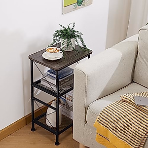 ruboka 3-Tier Small End Tables,Narrow Side Table with Steel Grid Storage Shelves,Slim Nightstand X-Design Sofa Side Table Small Bookshelf Bookcase,Display Rack for Living Room,Bedroom (Grey)