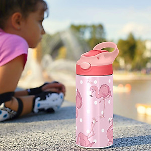 Kigai Pink Flamingos and Dots Kids Water Bottle, Insulated Stainless Steel Water Bottles with Straw Lid, 12 oz BPA-Free Leakproof Duck Mouth Thermos for Boys Girls