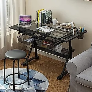 XiVue Drafting Table with Storage, Height Adjustable Tiltable Art Desk, Glass Panel Drawing Desk, for Work Study Painting Craft Table
