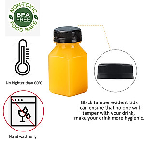 BPFY 48 Pack 4 oz Mini Plastic Juice Bottles with Caps Empty Clear Beverage Containers with Black Tamper Evident Lids, Brush, Funnel, Juicing Bottles for Milk, Smoothie and Other Beverages