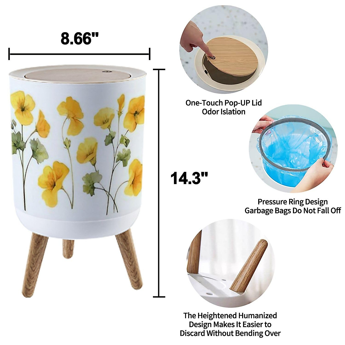 Small Trash Can with Lid for Bathroom Kitchen Office Diaper Yellow flowers nature botanical decorative collection collection Bedroom Garbage Trash Bin Dog Proof Waste Basket Cute Decorative