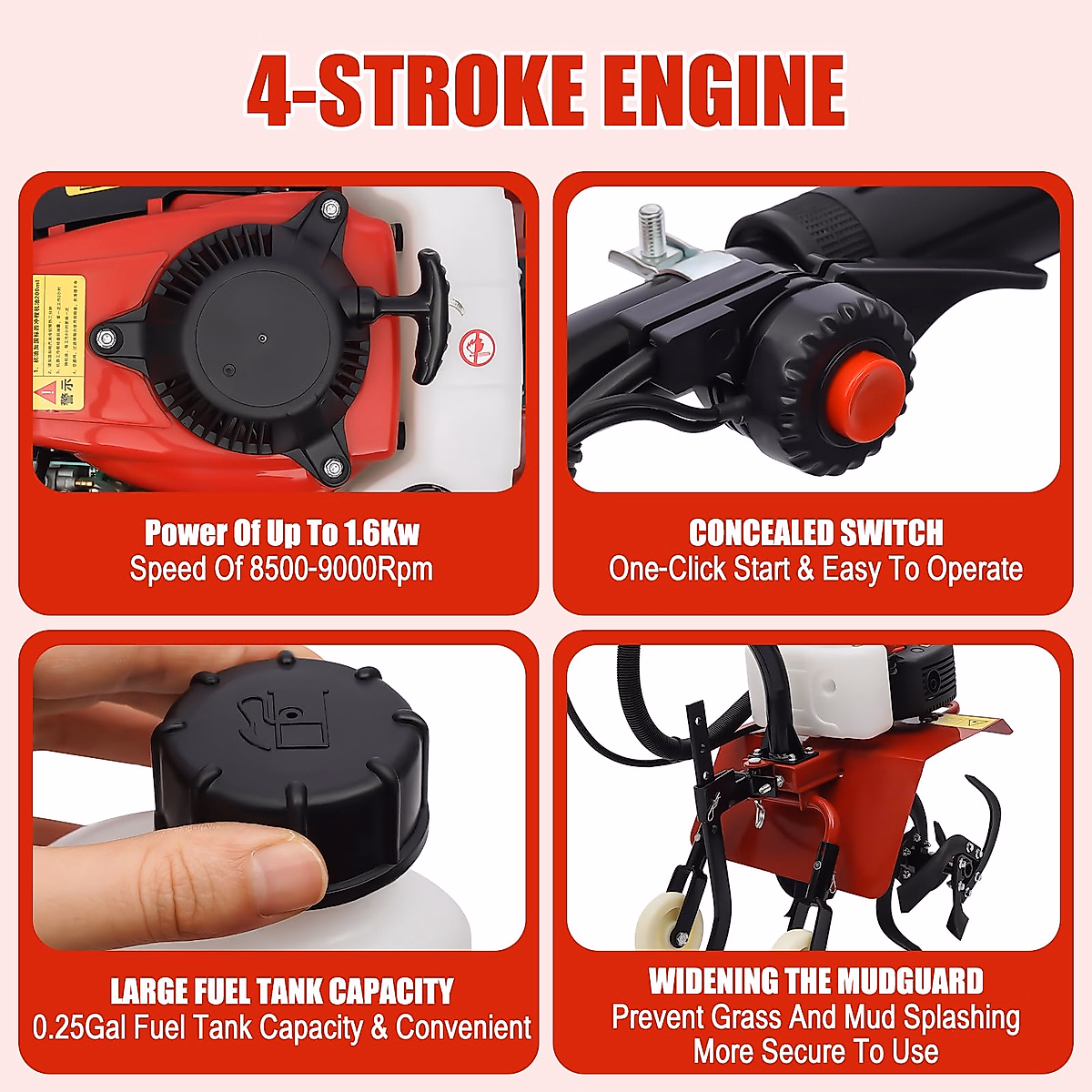 Garden Tiller/Cultivator 63CC 4-Stroke Gas Powered Hand Rotary Front Tine Tiller Rototiller Garden Tool Cordless, Gear Drive Transmission, Adjustable Tilling Depth