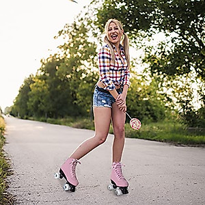 Roller Skates for Women with PU Leather High-top Double Row Rollerskates, Unisex-Adult Indoor Outdoor White & Pink Derby Skate Size 8 with Wear-Resistant Rubber Fast Braking for Beginner