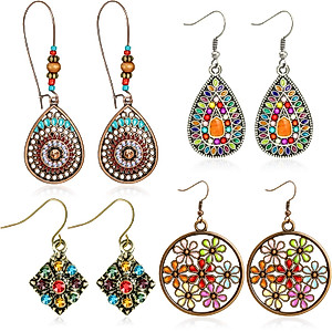 meekoo 4 Pairs Boho Earrings Bohemian Jewelry Mexican Hippie Summer Earring Gift for Women (Style A)